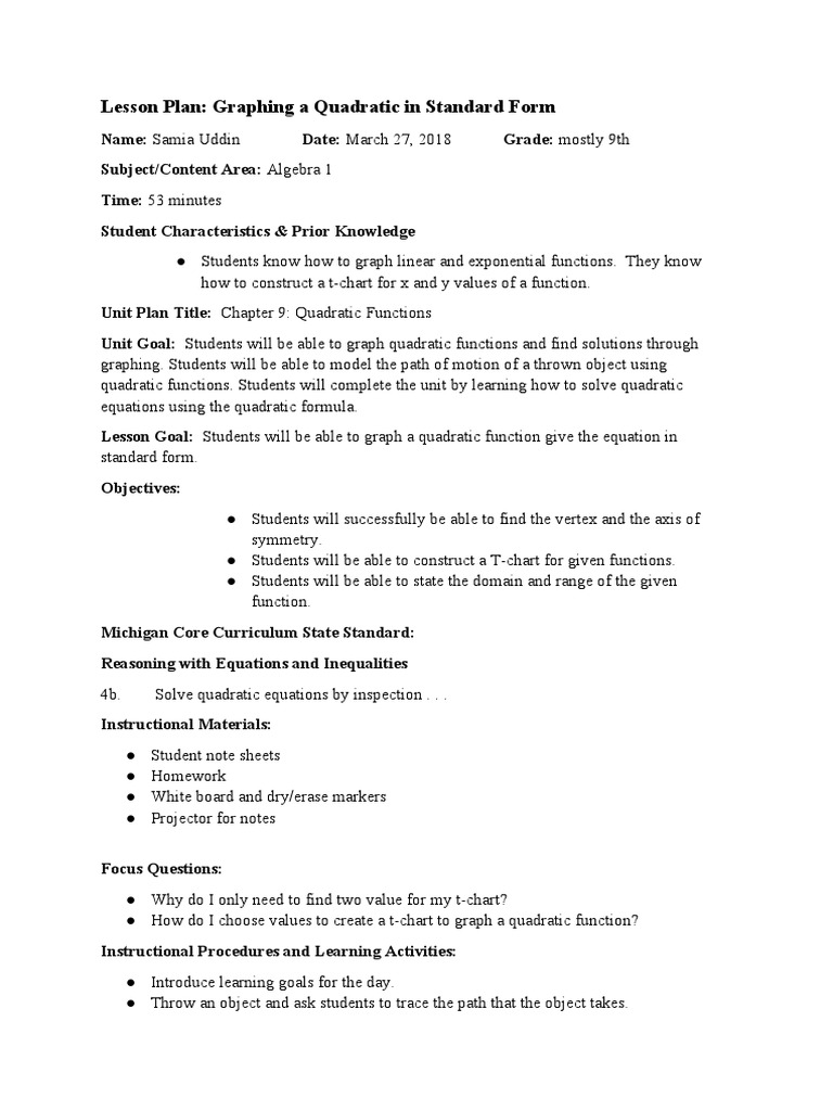 Graphing Quadratic Functions in Standard Form Lesson Plan | PDF ...