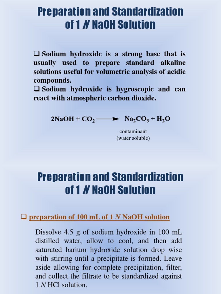 Preparation and Stand. of 1 N NAOH | PDF | Sodium Hydroxide | Titration