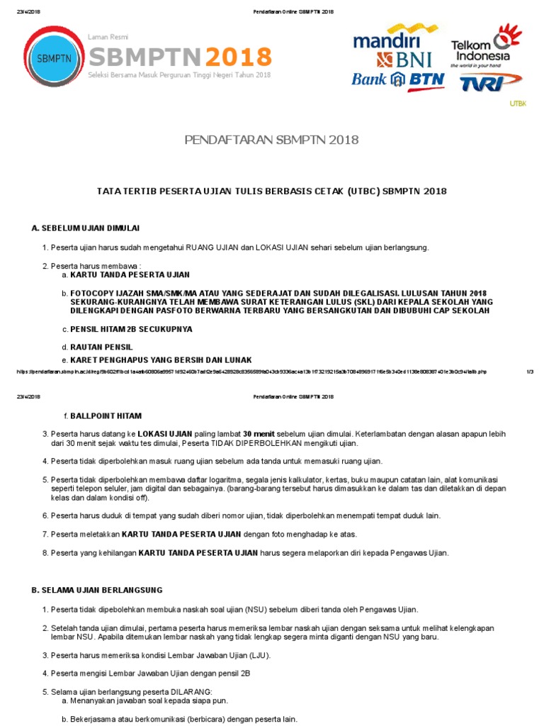 Tata Tertib Peserta Ujian Tulis Berbasis Cetak (Utbc) SBMPTN 2018 | PDF