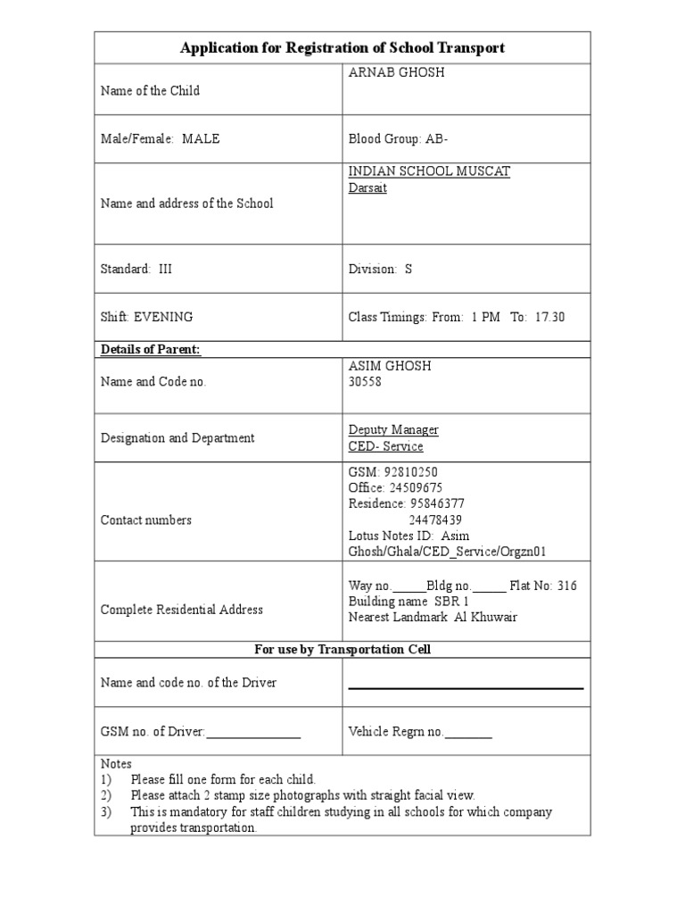 School Transport Registration Form | PDF