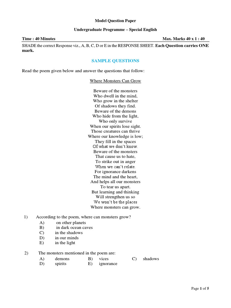 Question Carries ONE Mark.: Sample Questions | PDF | Poetry