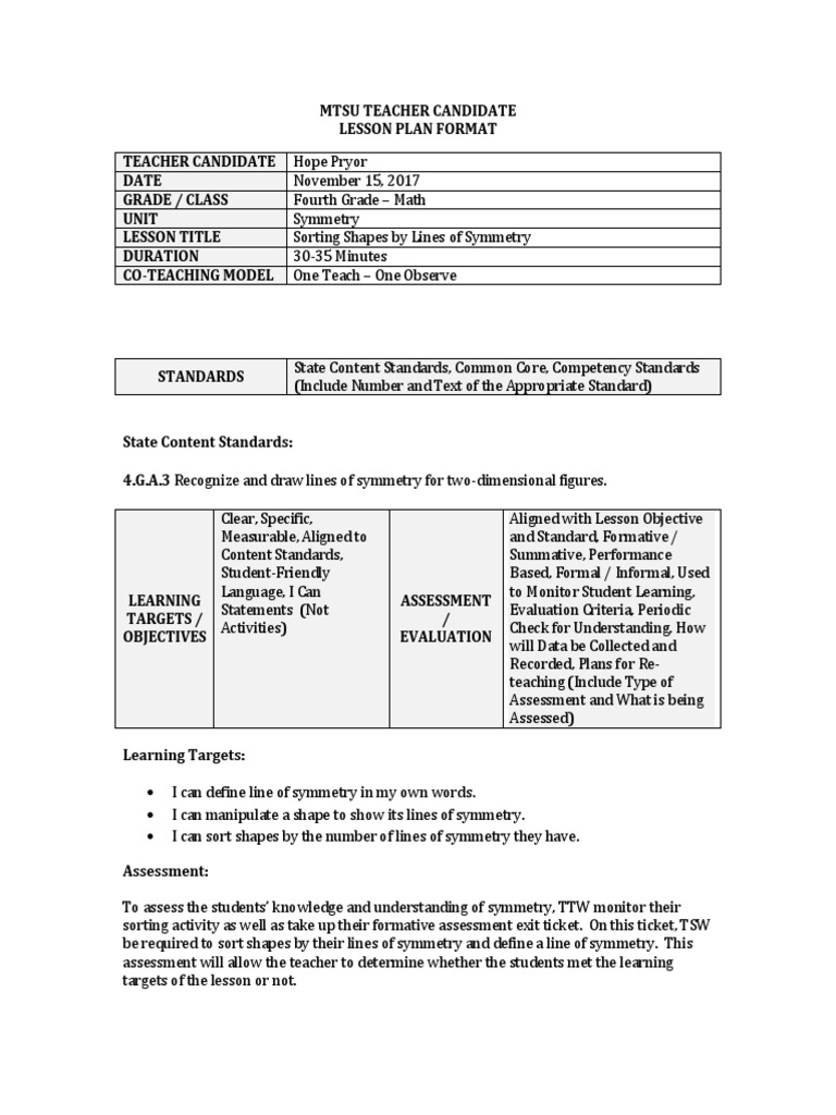 Symmetry Lesson Plan - Hope Williams | PDF | Educational Assessment ...