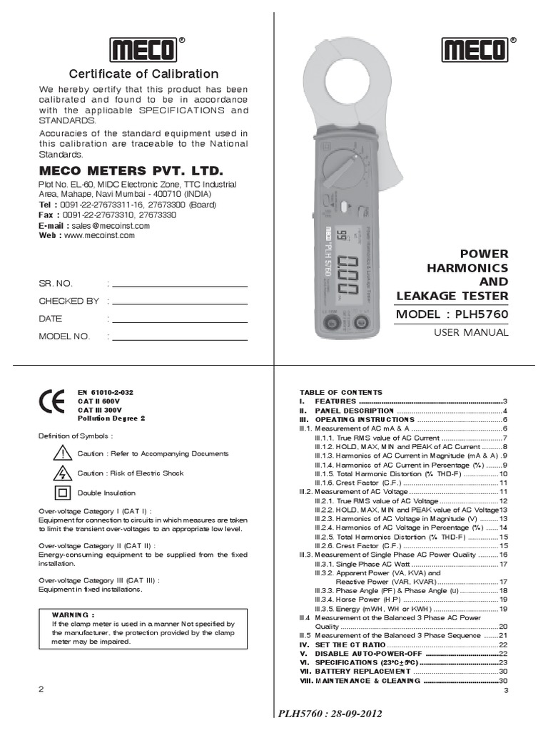 Certificate of Calibration: Meco Meters Pvt. LTD | PDF | Alternating ...