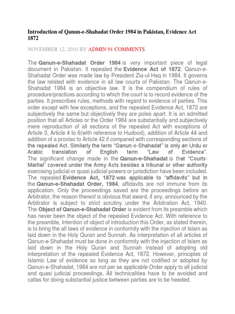 NOVEMBER 12, 2010 BY: Introduction of Qanun-e-Shahadat Order 1984 in ...