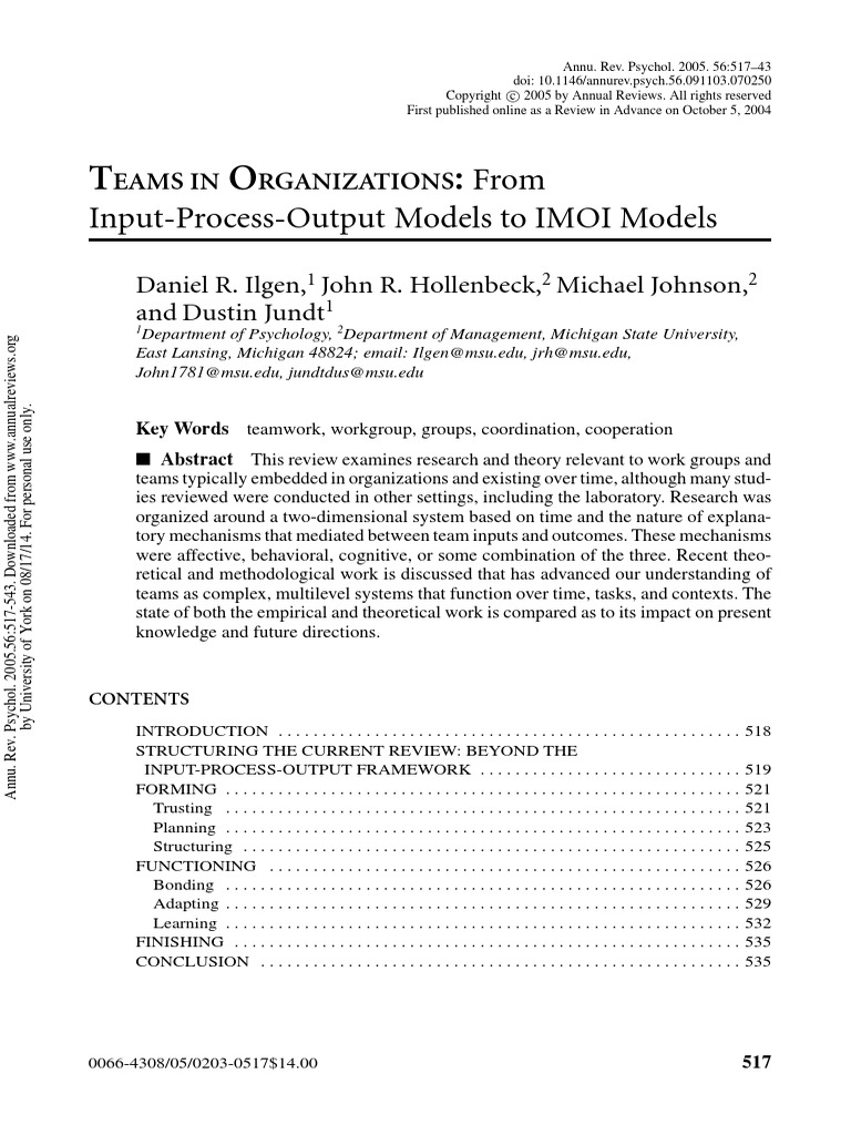 TEAMS IN ORGANIZATIONS: From Input-Process-Output Models to IMOI Models ...
