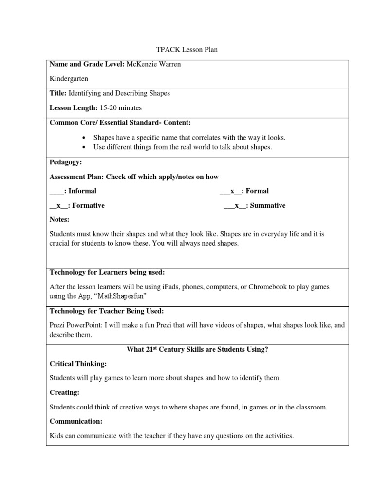Tpack Lesson Plan 1 Lesson Plan Learning