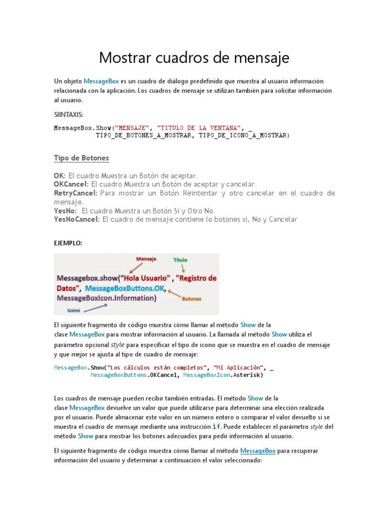 Mostrar Cuadros de Mensaje - Messagebox | PDF | Método (programación de ...