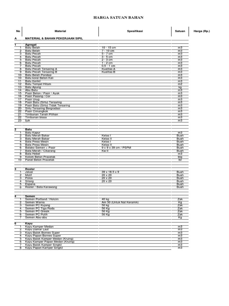 Form Survey Harga Satuan Bahan | PDF