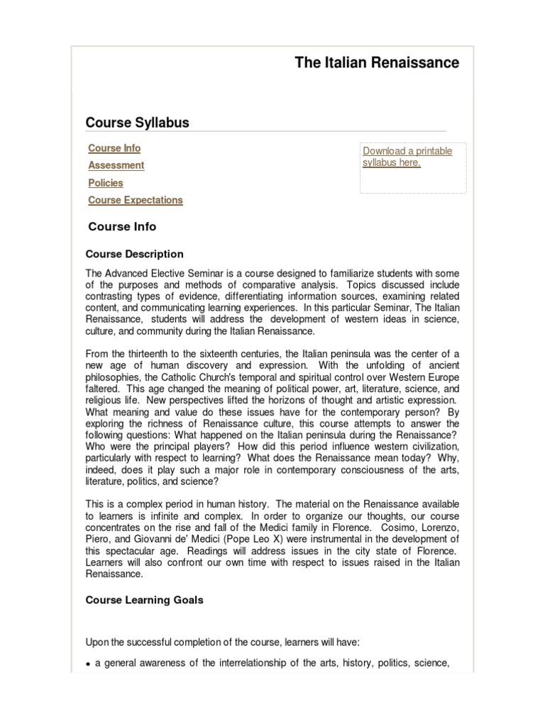 Course Syllabus: The Italian Renaissance | PDF | Renaissance | Academic ...