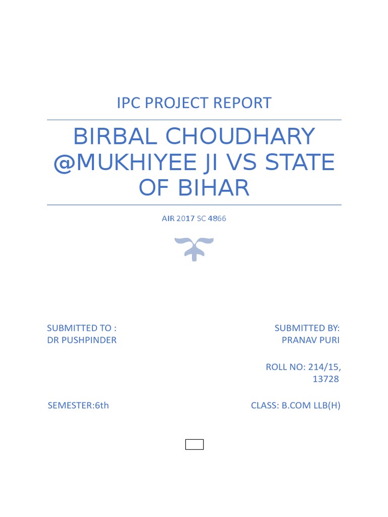Birbal Choudhary @mukhiyee Ji Vs State of Bihar: Ipc Project Report | PDF | Kidnapping ...