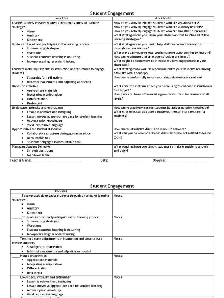 Student Engagement Observation Checklist | PDF | Learning | Teachers