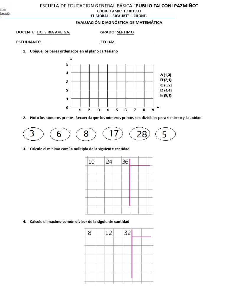 Evaluación Diagnóstica de Matemática de Séptimo | PDF