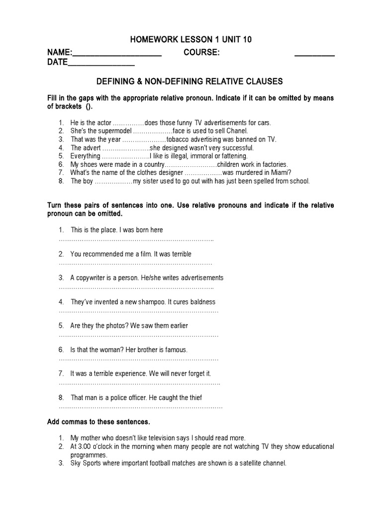 Relative Clauses and Commas: Homework on Defining and Non-Defining ...