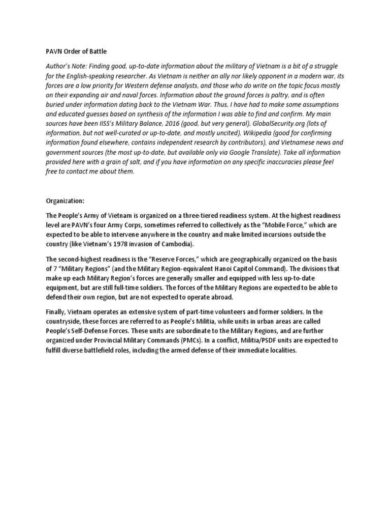 Pavn Full Oob | PDF | Division (Military) | People's Army Of Vietnam