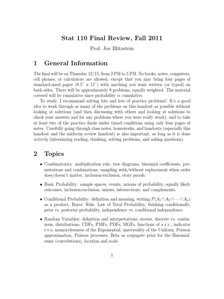 Stat 110 Final Review, Fall 2011: Prof. Joe Blitzstein | PDF ...