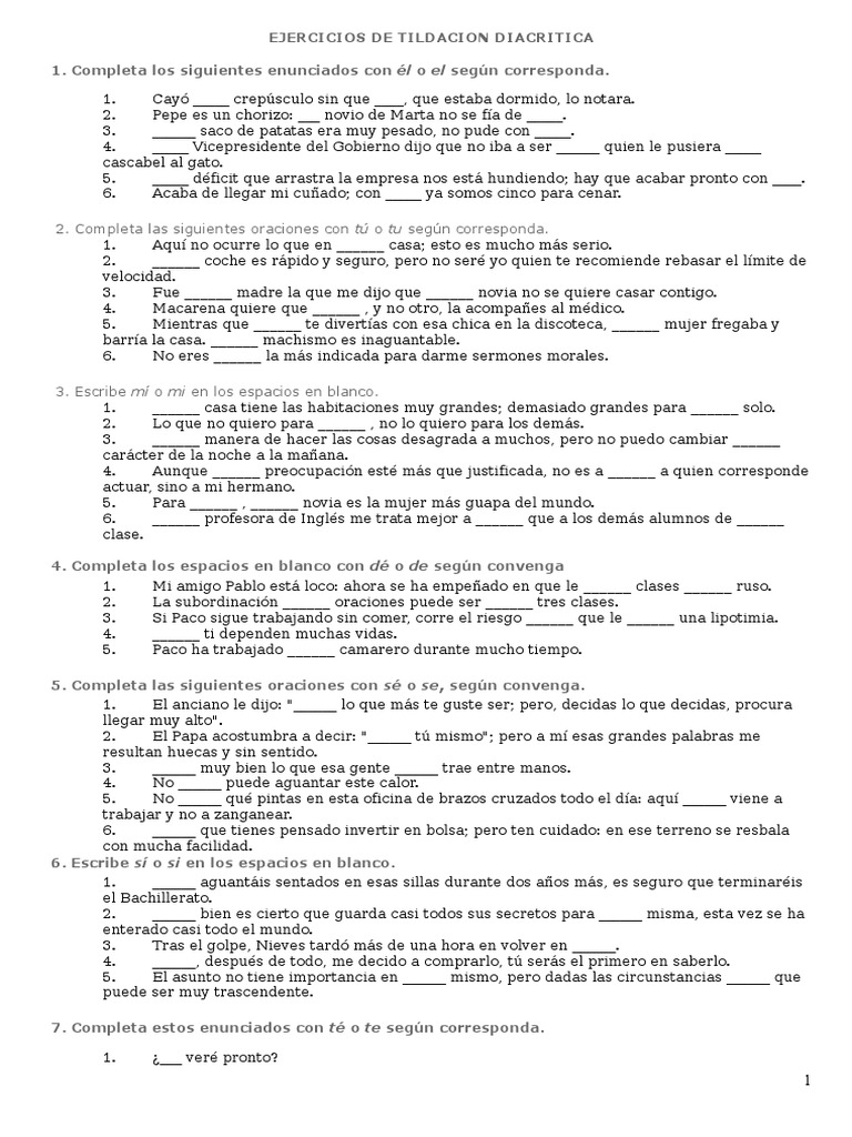 Ejercicios de La Tilde Diacritica - 1-2 | PDF