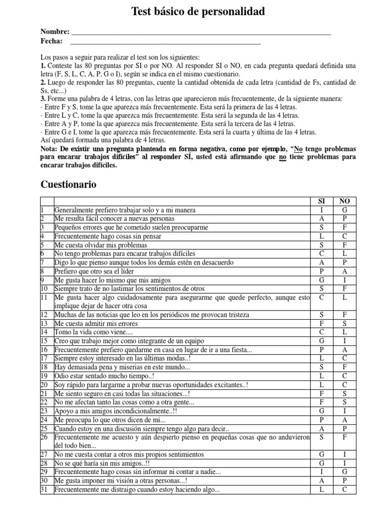 Test Básico de Personalidad | PDF | Cuestionario