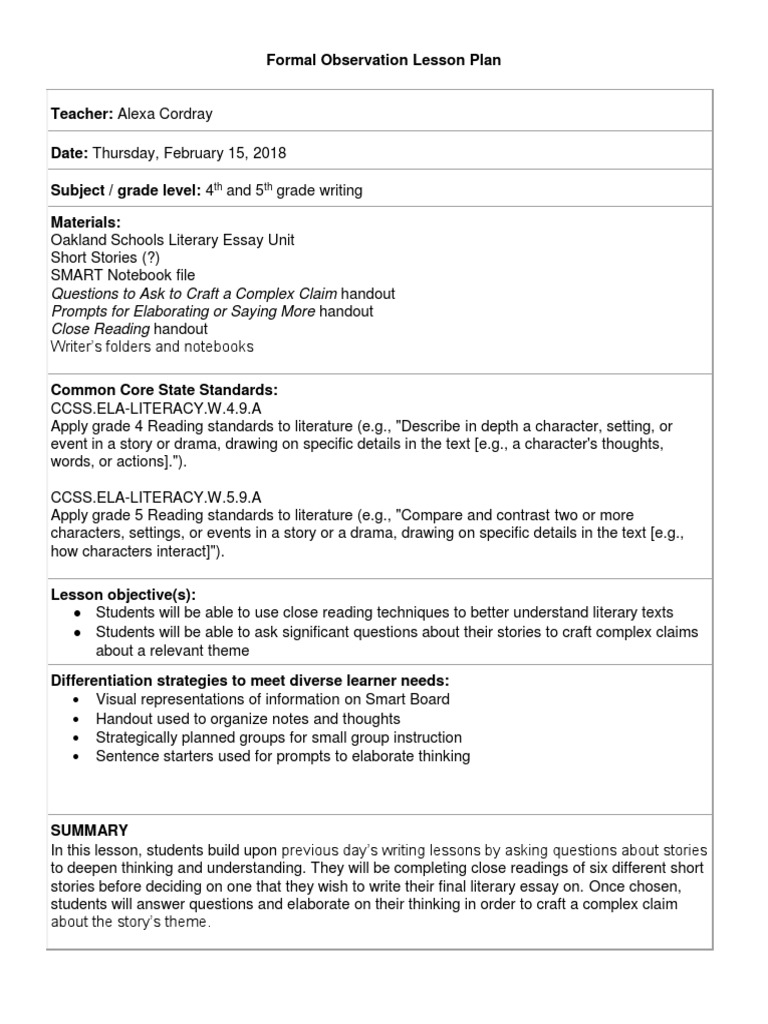 Observation 2 Writing Lesson Plan | PDF | Lesson Plan | Reading (Process)