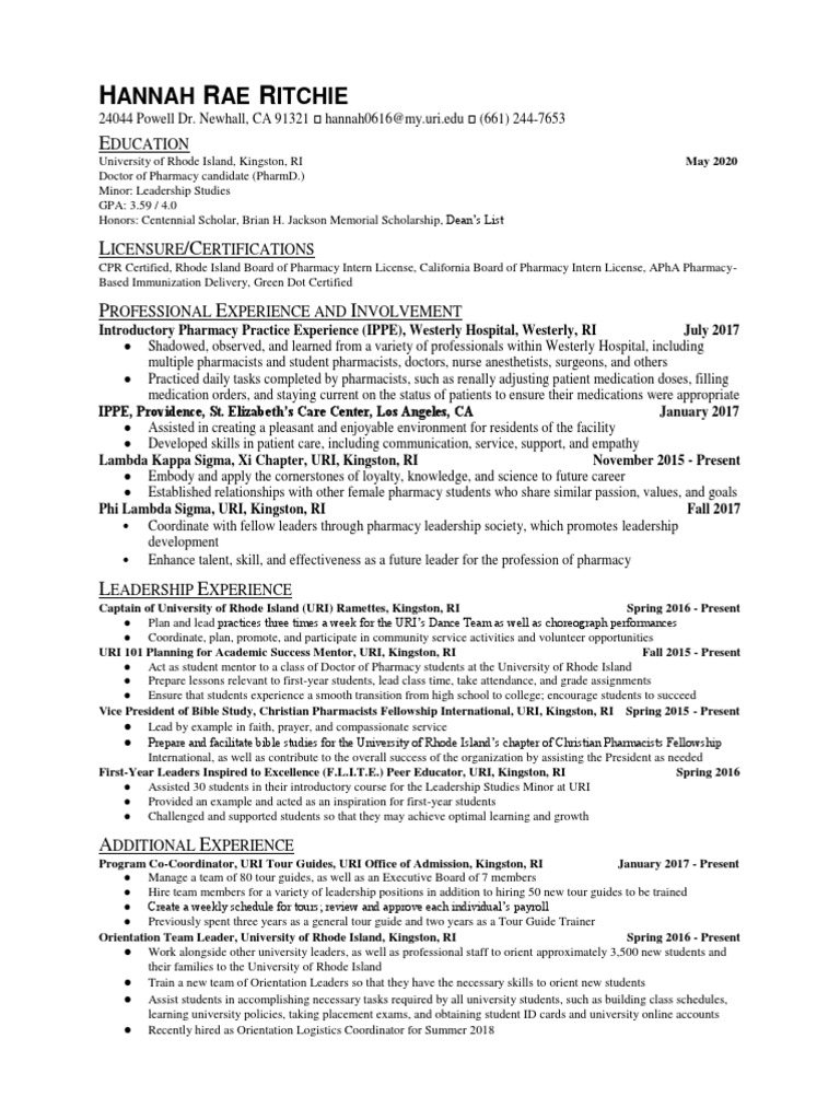 Resume Hannah Ritchie - 4 | PDF | Pharmacy | Pharmacist