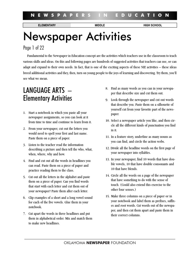 Newspaper Activities: Language Arts - Elementary Activities | PDF ...