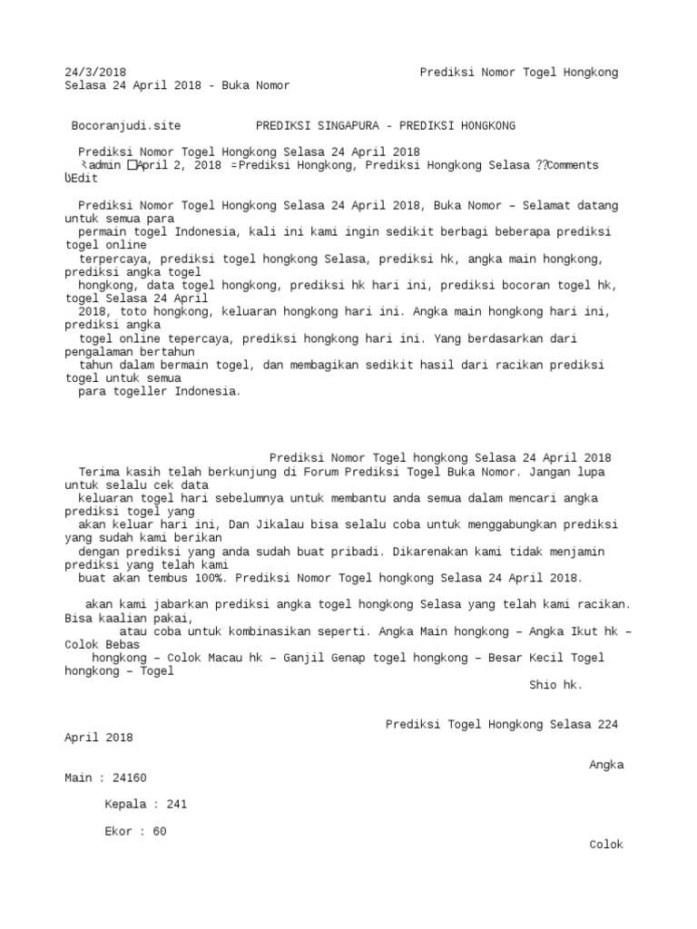 Prediksi Nomor Togel Hongkong Selasa 24 April 2018 | PDF