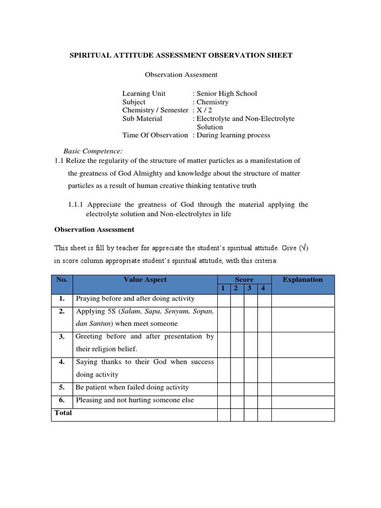 Spiritual Attitude Assessment Observation Sheet: Basic Competence | PDF ...