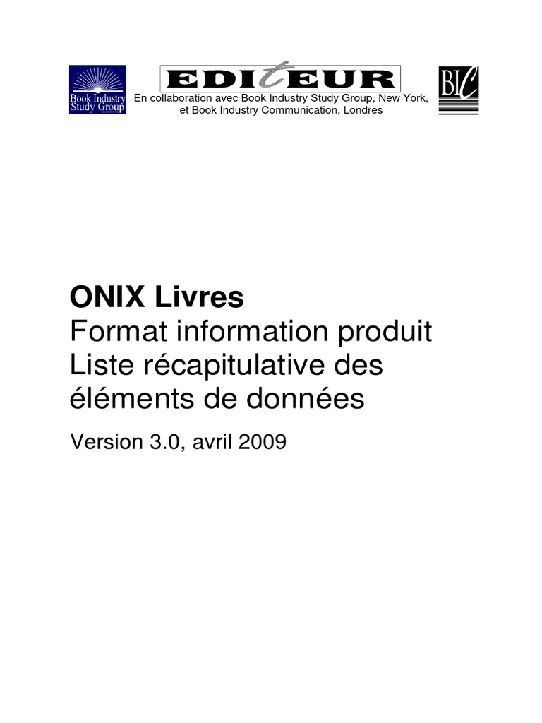 ONIX Books Data Elements 3.0 FR 090804 | PDF | XML | Langage de balisage