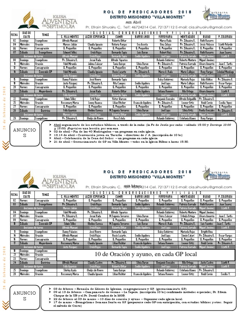 Rol de Predicadores Abril 2018 | PDF | Familias denominacionales ...