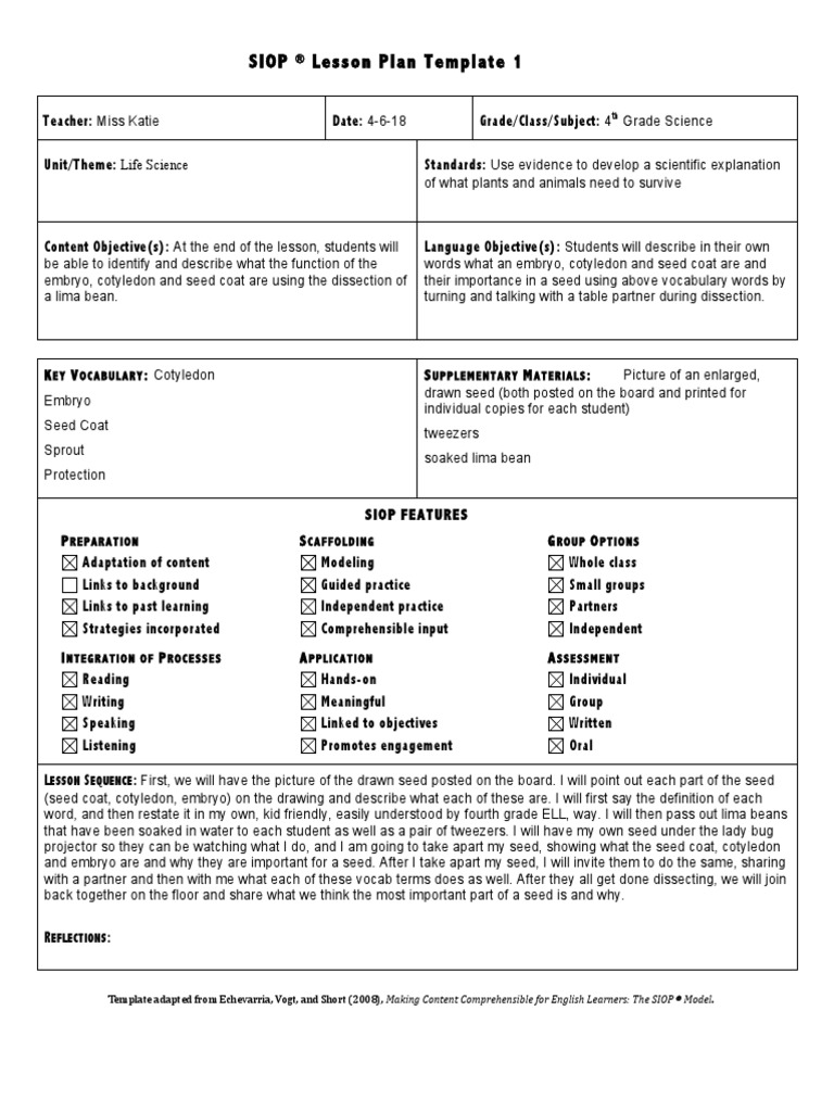 Siop Lesson Plan Science 4-6 | PDF | Lesson Plan | Seed