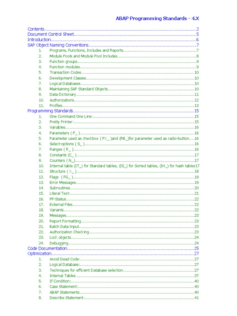 ABAP Programming Standards | PDF | Subroutine | Database Index ABAP Programming Standards | PDF | Subroutine | Database Index