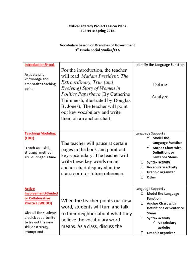 Ece 4410 Critical Literacy Lesson Plan | PDF | Vocabulary | Teachers
