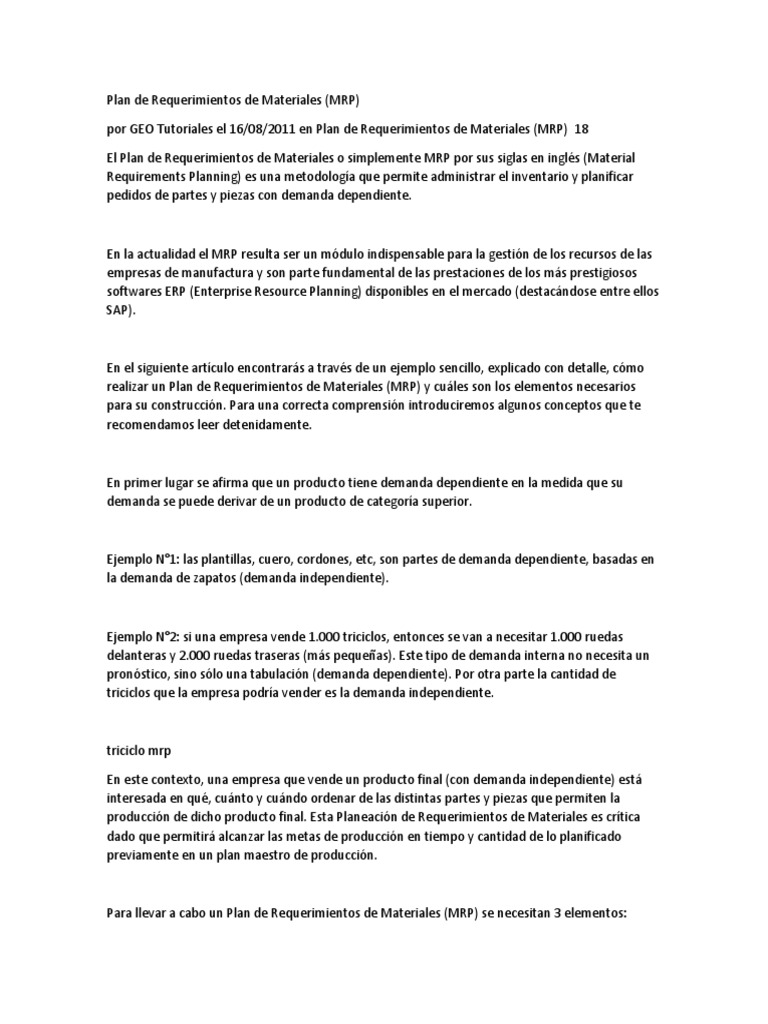 Plan de Requerimientos de Materiales | PDF | Inventario | Producto (Negocio)