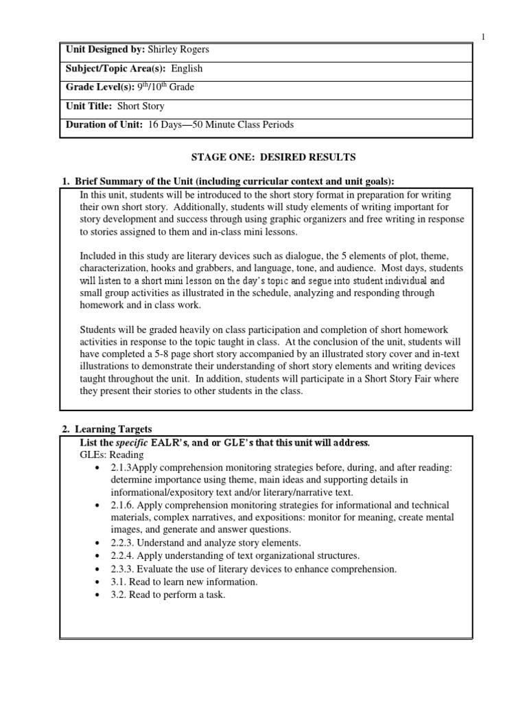 9th/10th Grade Short Story Unit | PDF | Plot (Narrative) | Reading ...