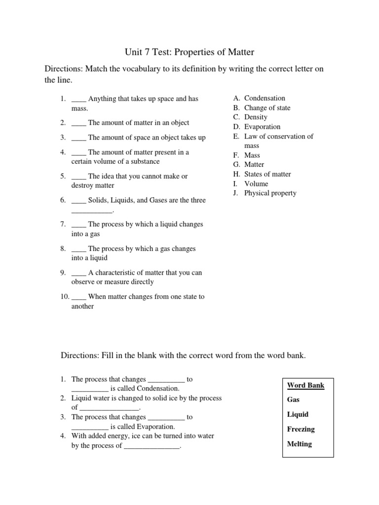 Unit 7 Science Test | PDF | Matter | Liquids