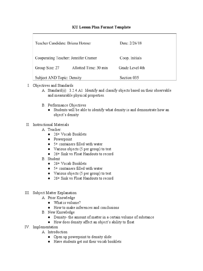 KU Density Lesson Plan Template | PDF | Density | Lesson Plan