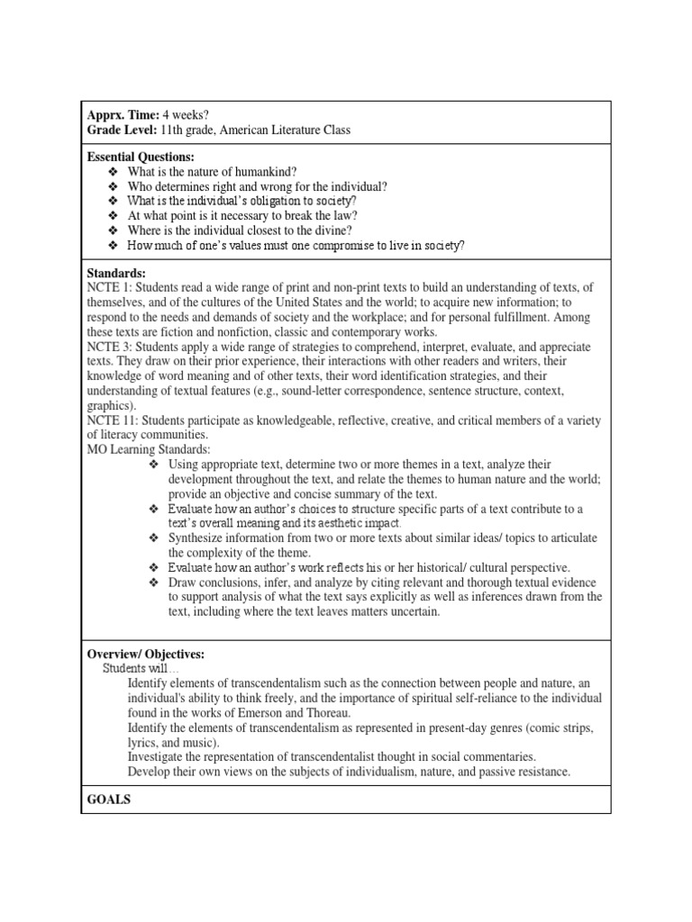 Transcendentalism Unit | PDF | Ralph Waldo Emerson | Henry David Thoreau