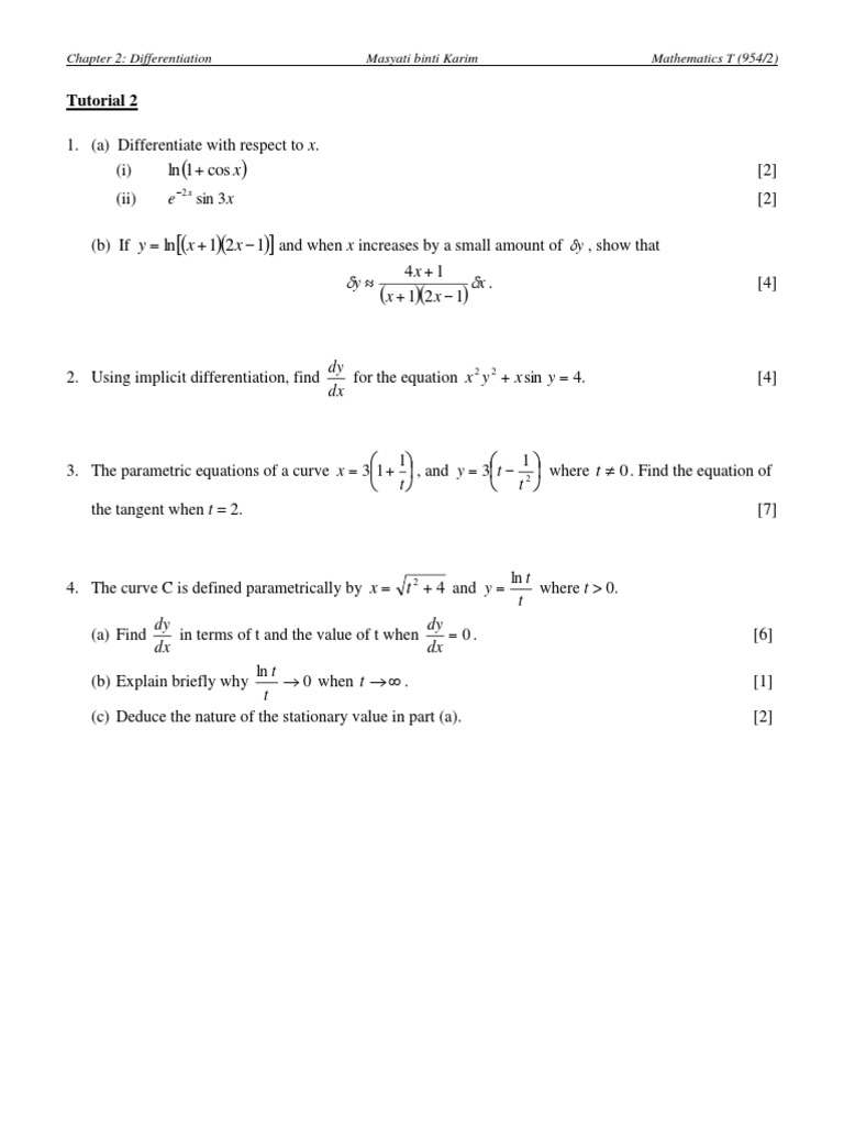 2018 Tutorial 2 Differentiation | PDF