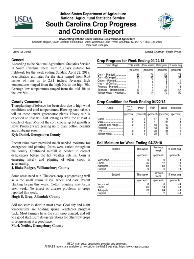 South Carolina Weekly Crop Progress and Condition Report | PDF | South ...