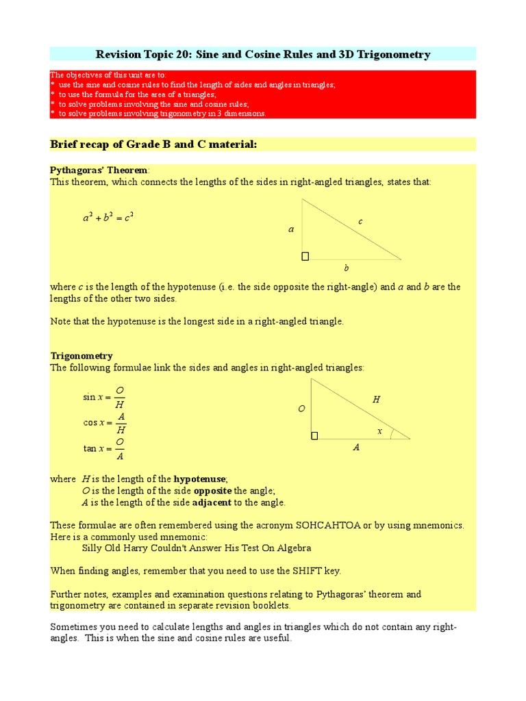 Sine & Cosine Rules in 3D Trigonometry | PDF | Trigonometric Functions ...