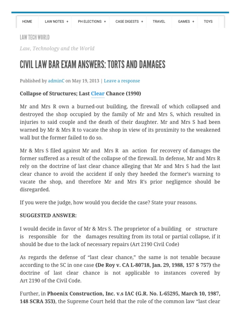 Civil Law Bar Exam Answers Torts and Damages | PDF | Vicarious ...