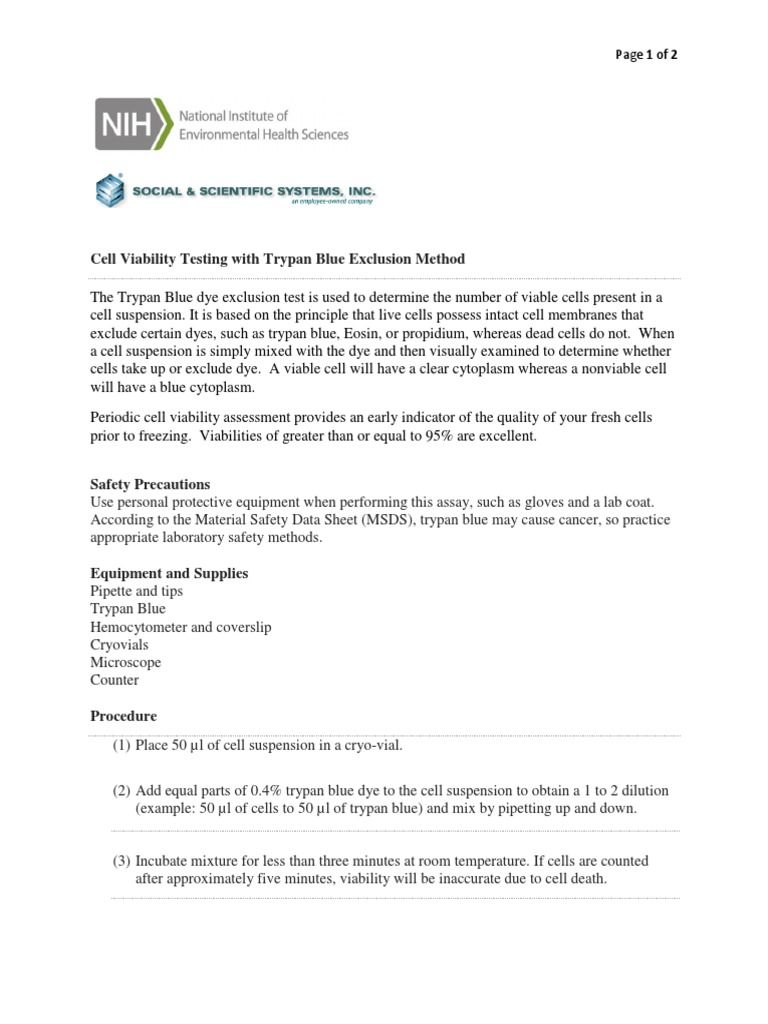Cell ViabilityTesting With Trypan Blue Exclusion Method | PDF ...