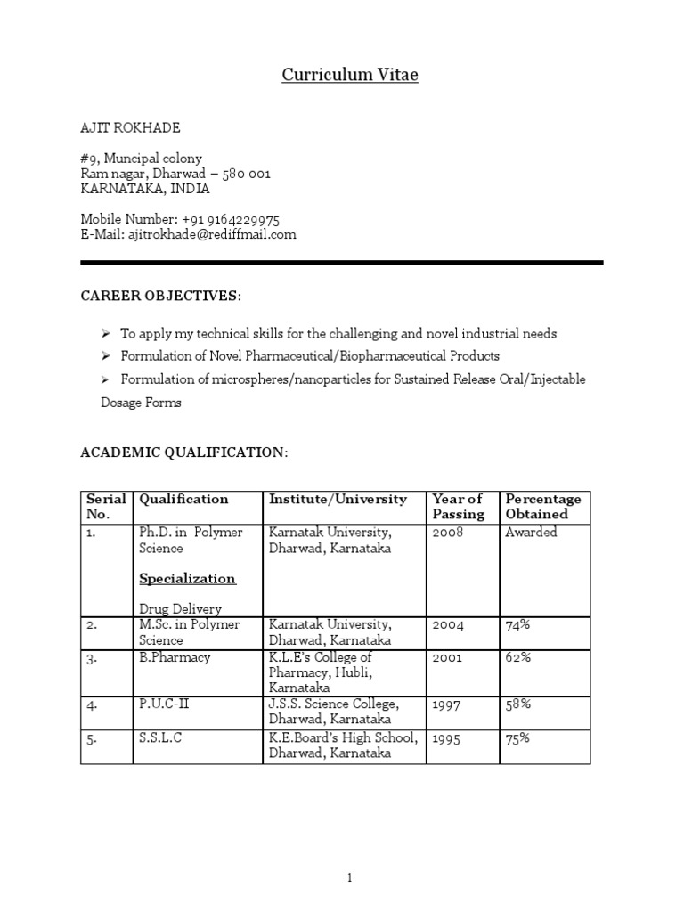 Curriculum Vitae: Career Objectives | PDF | Pharmaceutical Sciences | Chemical Substances
