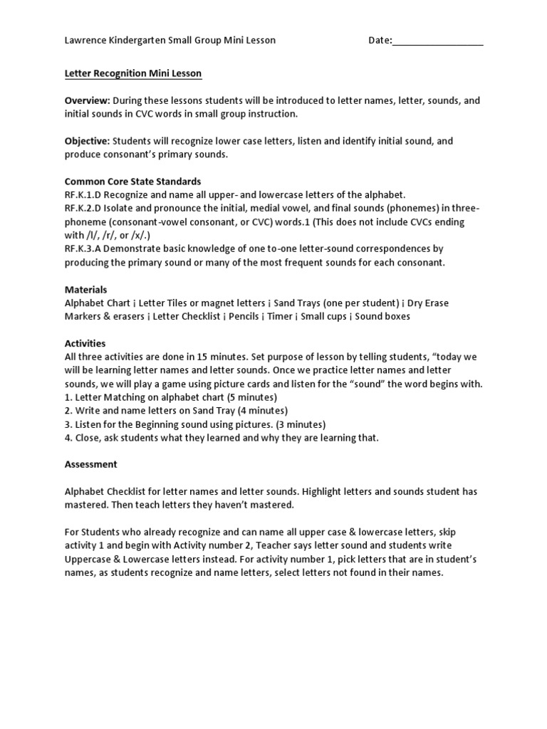 Kindergarten Letter Recognition Lesson | PDF | Language Arts & Discipline