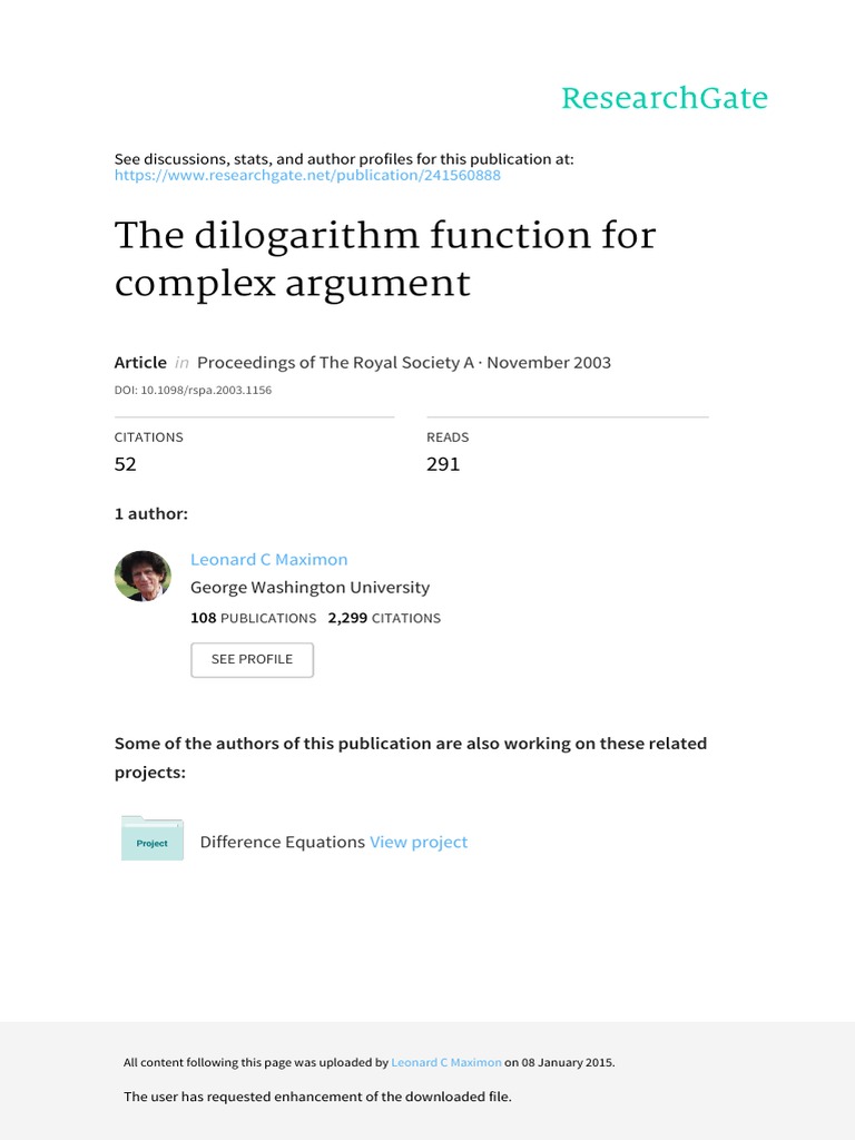 The Dilogarithm Function For Complex Argument | PDF | Logarithm | Special Functions