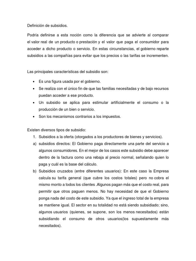 Tipos y Características de Subsidios | PDF | Subvención | Consumo ...