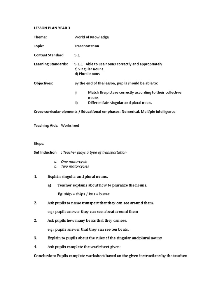 Year 3 Lesson Plan: Nouns & Transportation | PDF