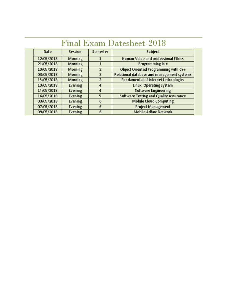 Final Exam Datesheet | PDF
