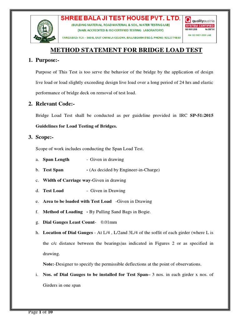 Bridge Load Test Method Statement | PDF | Road | Building Engineering