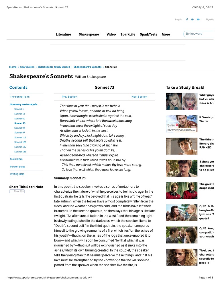 Sonnet 73 Summary | PDF | English Poetry | British Poems