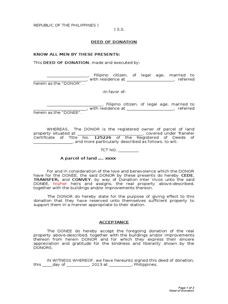 Deed of Donation Sample | PDF | Deed | Private Law